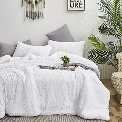 Houseri White Comforter Set Queen Boho Comforter Sets Full Size White Tufted Jacquard Bedding Sets Queen Women Girls Plain White Shabby Chic Farmhouse Bedding Comforter All White Bed Comforter Queen