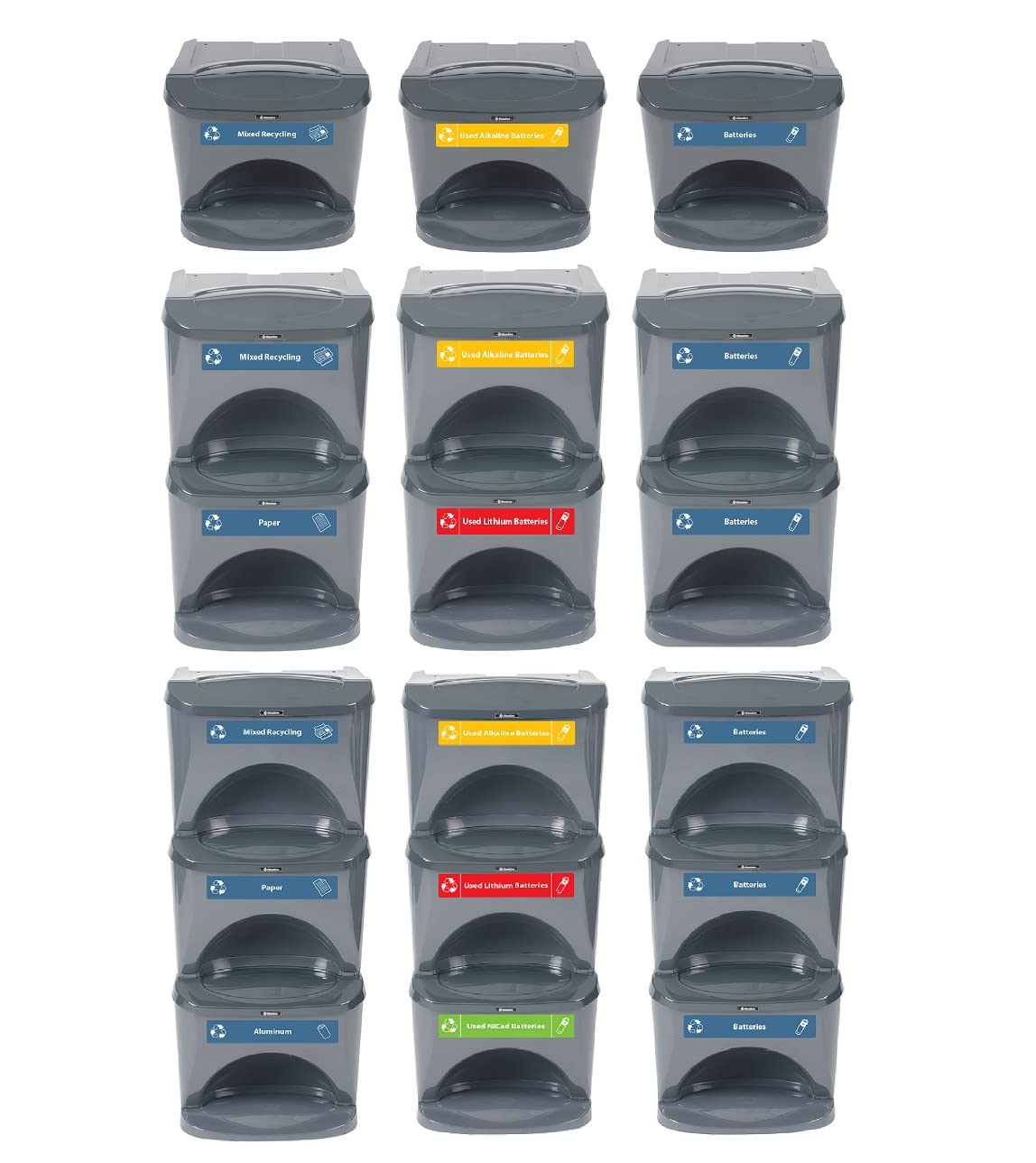 Glasdon Nexus Stack 8G Battery Recycling Bin (Dark Gray, Blue Battery Recycling Decals) β Compact 8-Gallon Stackable Battery Recycle Containers β 1 x 8-Gallon Multi-Waste Battery Bin