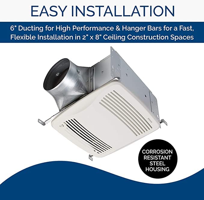 Broan-Nutone QTXE110S Ultra-Silent Ventilation Fan, Exhaust Fan for Bathroom and Home, ENERGY STAR Certified, 0.7 Sones, 110 CFM , White , 6" Round
