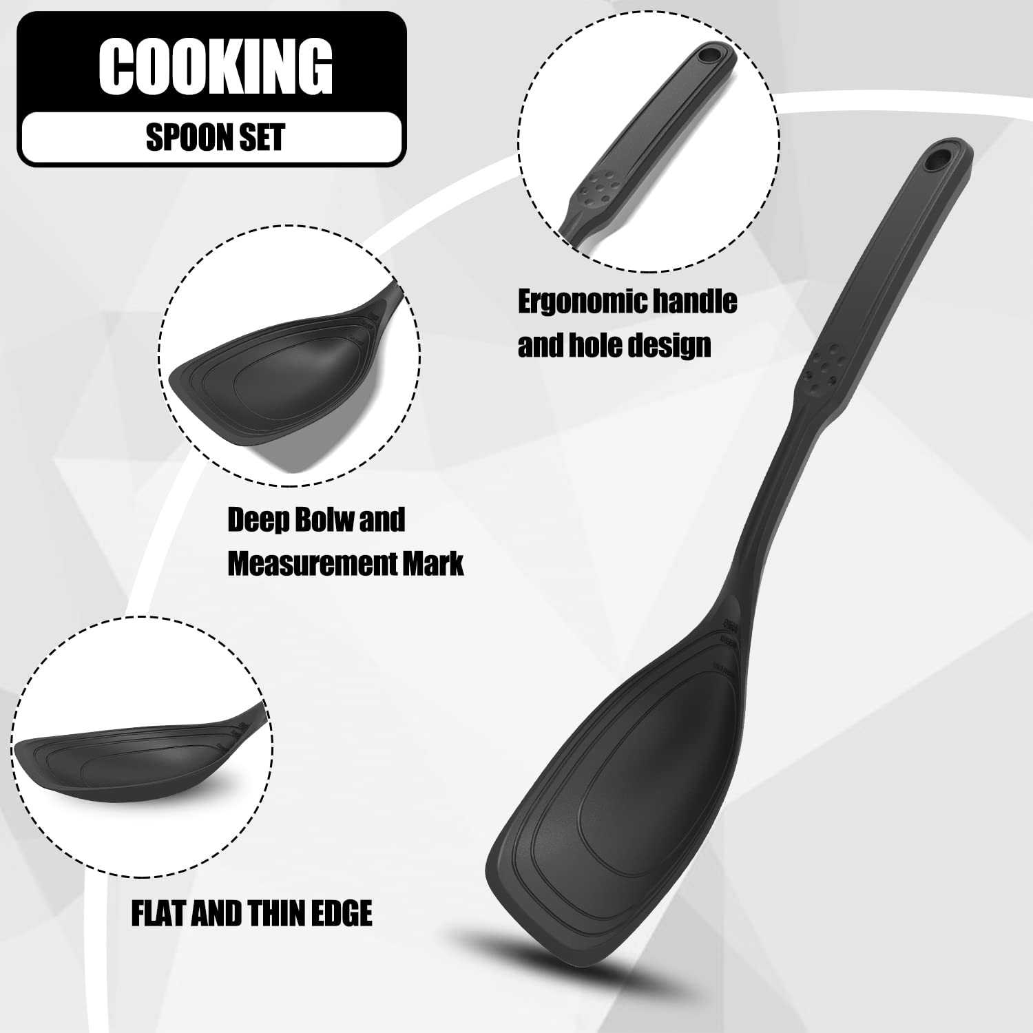 Beijiyi Silicone Cooking Spoon Set, 3 Pack Heat Resistant Silicone Spoons for Cooking, Mixing, Serving, Nonstick Kitchen Utensils Large Solid Slotted and Spaghetti Spoon - Dishwasher Safe, Black