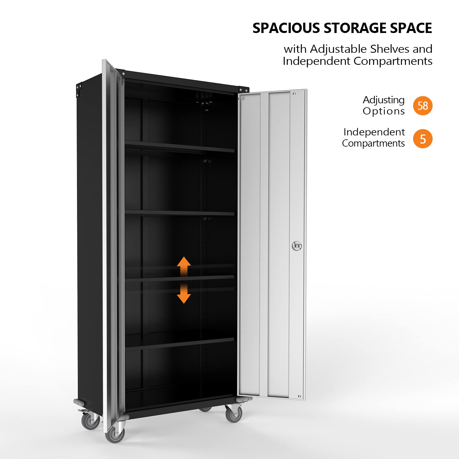 Bonnlo 72" Tall Sliver&Black Garage Storage Cabinets with Locking Doors and 4 Adjustable Shelves, Metal Storage Cabinets with Wheels for Garage, Office, Kitchen, Laundry&Utility Room, 32W x 16D x 72H