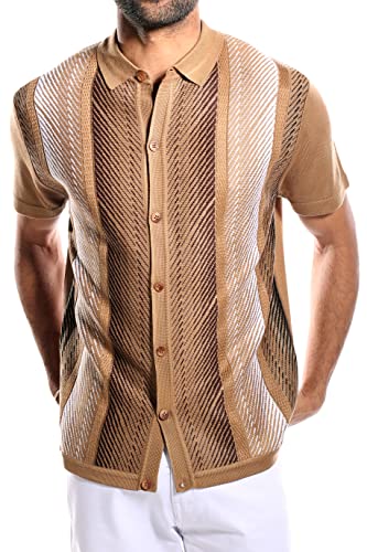 Men’s Short Sleeve Knit Sports Shirt - Modern Polo Vintage Classics: Mélange Panel (3XL, Cafe Stripe)