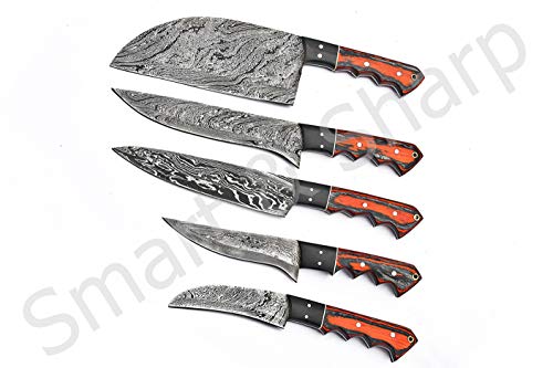 Custom Handmade Damascus Chef Knives Set/Kitchen Knives 5 Pieces Set SS-17211 (Orange and Black Color Wood)