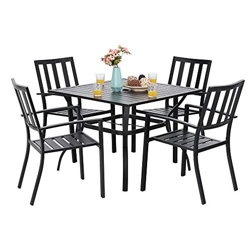 MFSTUDIO 5 Piece Metal Patio Dining Sets Outdoor Club Bistro Bar Sets with 1.57” Umbrella Hole, 4 Garden Backyard Metal Chairs and Larger Square Patio Table, Steel Slat Frame, Black …