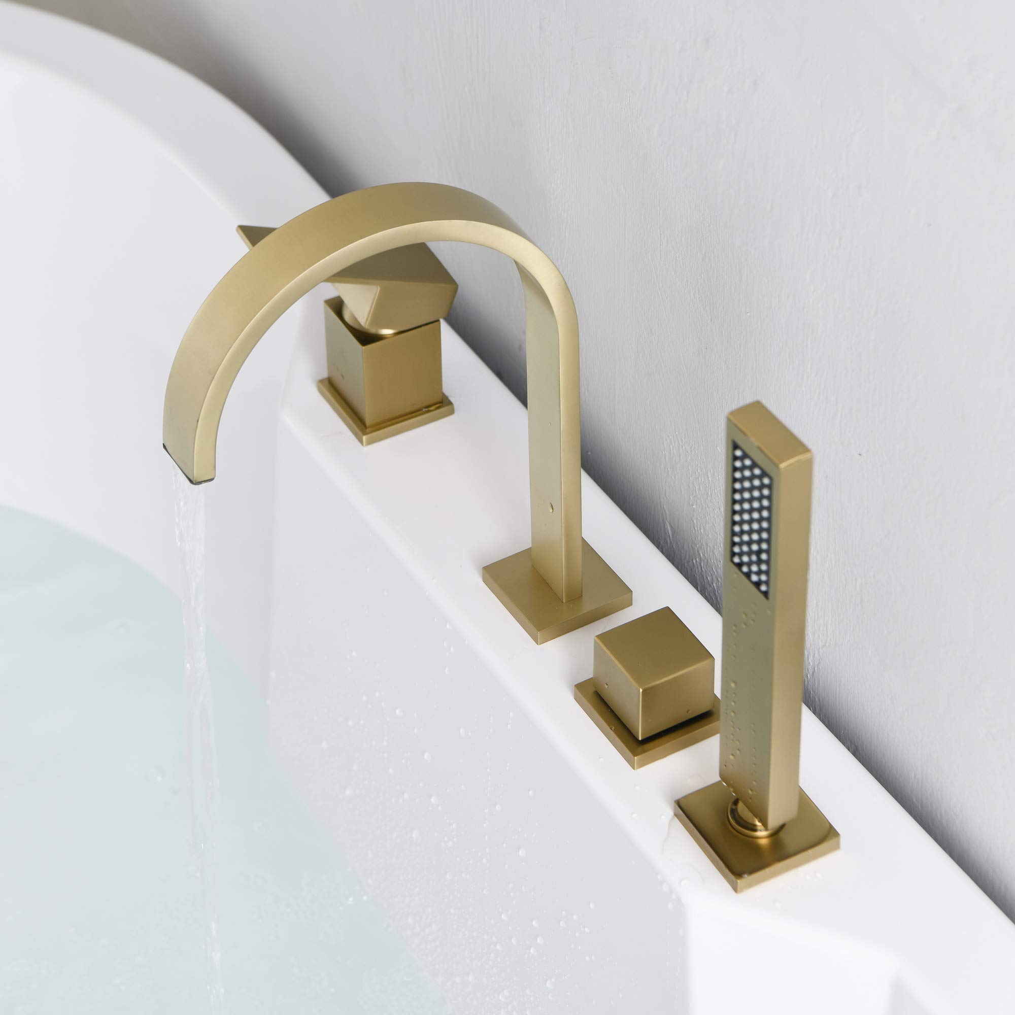 WATHELS Modern 4-Hole Waterfall Brushed Gold Bathtub Faucet Bathroom Roman Tub Filler Solid Brass Tub Faucet with Handheld Shower