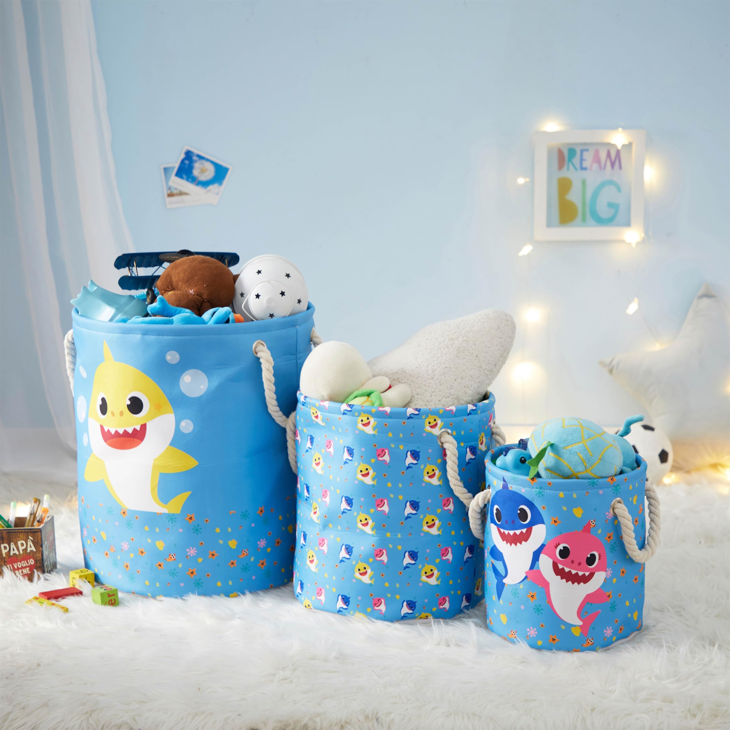 Idea Nuova Baby Shark 3 Piece Multi Size Fabric Nestable Toy Storage Basket Set, with Rope Carry Handles