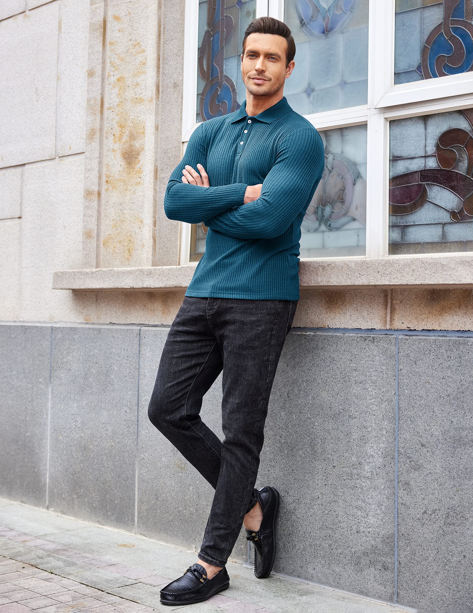 COOFANDY Mens Long Sleeve Polo Shirt Knit Pullover Golf Tops Sweater T Shirts Blue