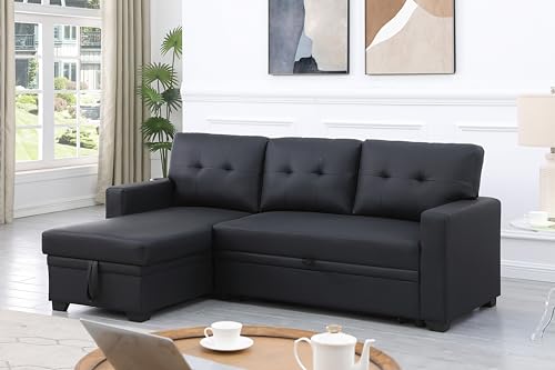 ERYE L-Shaped Corner Sleeper Sectional Sofa Modern PU Upholstered Sofa&Couch Convertible Sofabed W/Pull Out Sleep Couch Bed and Reversible Storage Chaise for Home Apartment Living Room Furniture Sets