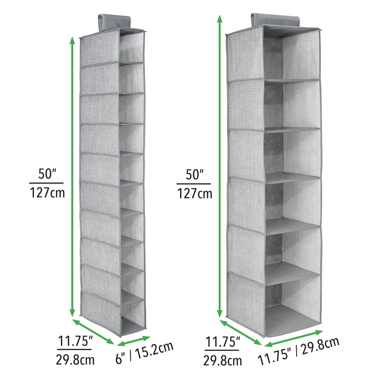 mDesign Fabric Over Rod Hanging Closet Storage Organizers, Includes a Wide 6-Shelf Sweater Organizer, and a Narrow 10-Shelf Shoe Rack - Textured Print - Set of 2 - Gray