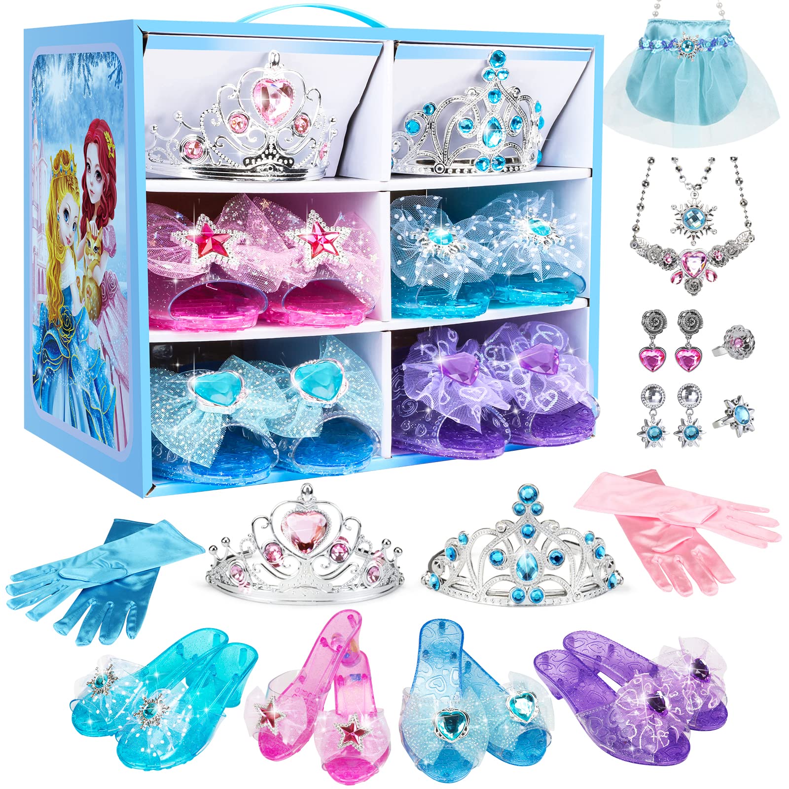 Tomons Princess Toys Dress Up Shoes and Jewelry - 4 Pairs of Heels Shoes and Pretend Play Jewelry Toys Princess Accessories Set for Toddler Girls Beauty Birthday Gifts Aged 3 4 5 6 Years Old