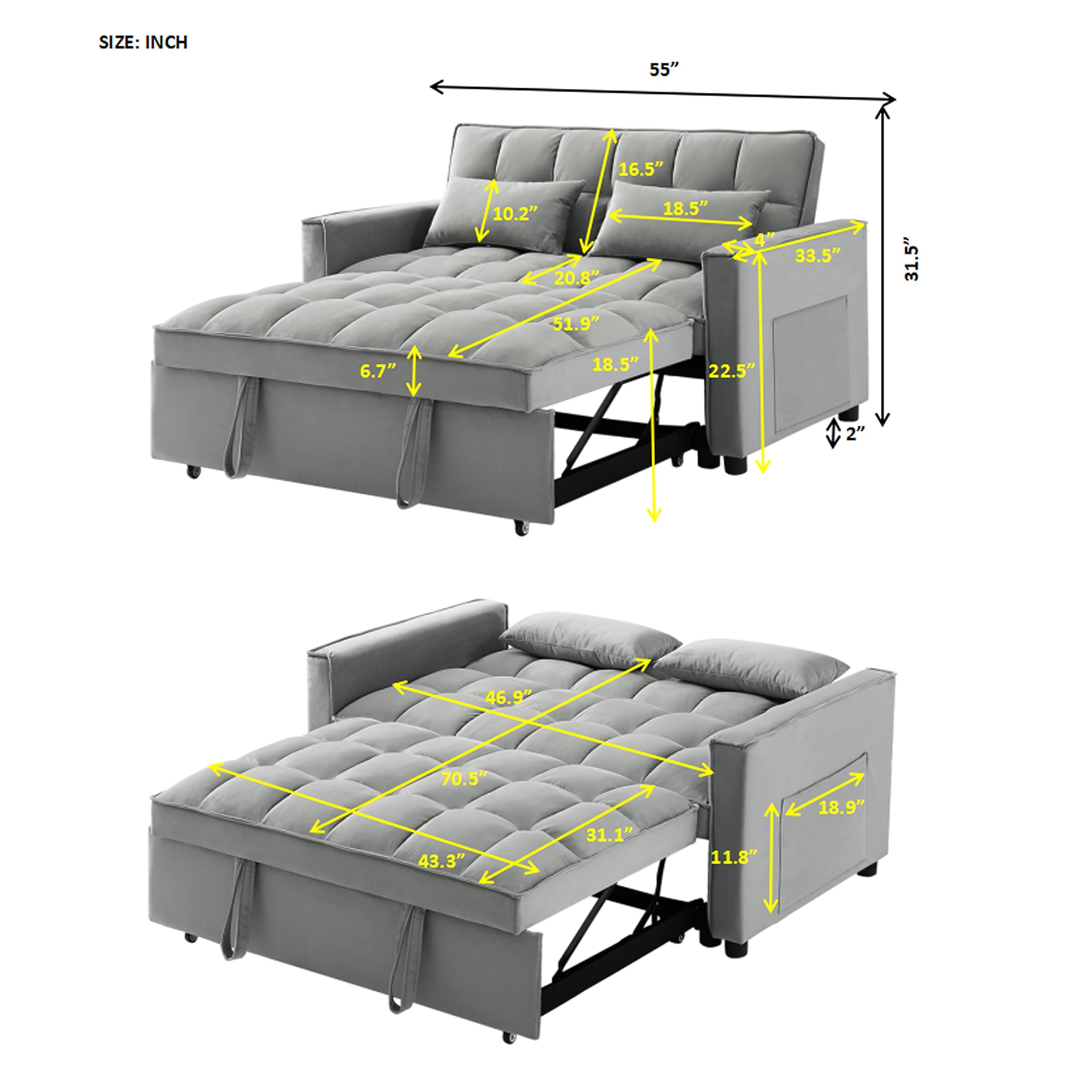 ERYE Modern 2 Seaters Loveseat Sofa&Couch W/Pull Out Sleeper Couch Bed and Adjustable Backrest Convertible Sofabed Bring Side Storage Pockets for Home Apartment Office Living Room Furniture Sets
