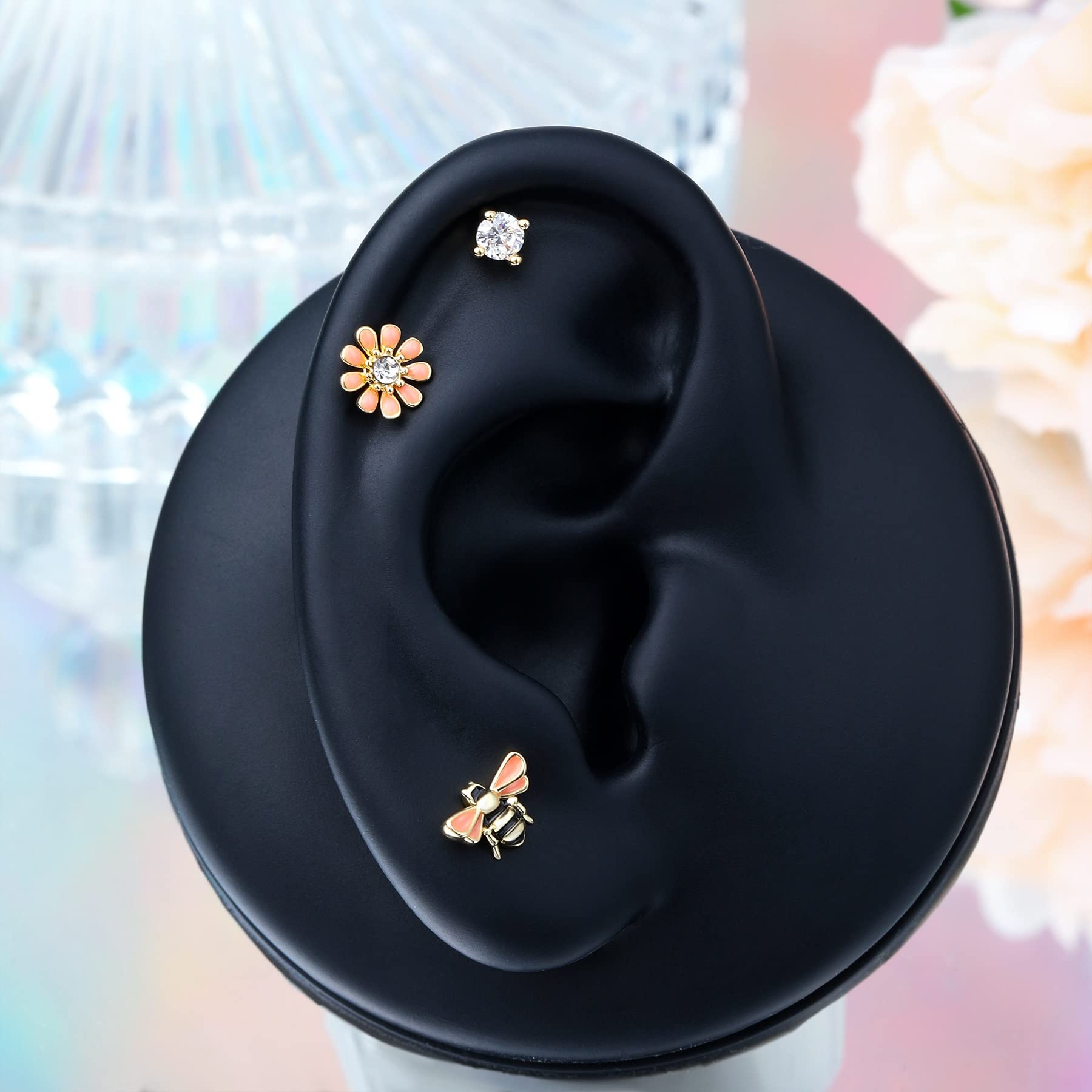 CM Crareesi Mania 3Pcs Cute Bee Cartilage Earrings Pack 316L Stainless Steel Helix Dainty Bee 16G Tragus Conch Gold Cartilage piercing jewelry Pack