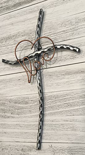 Top Brass Love/Heart Decorative Metal Wall Cross - Welded Wrought Iron - Valentine, Anniversary Jesus Art Decor - Antigue Silver/Copper Finish