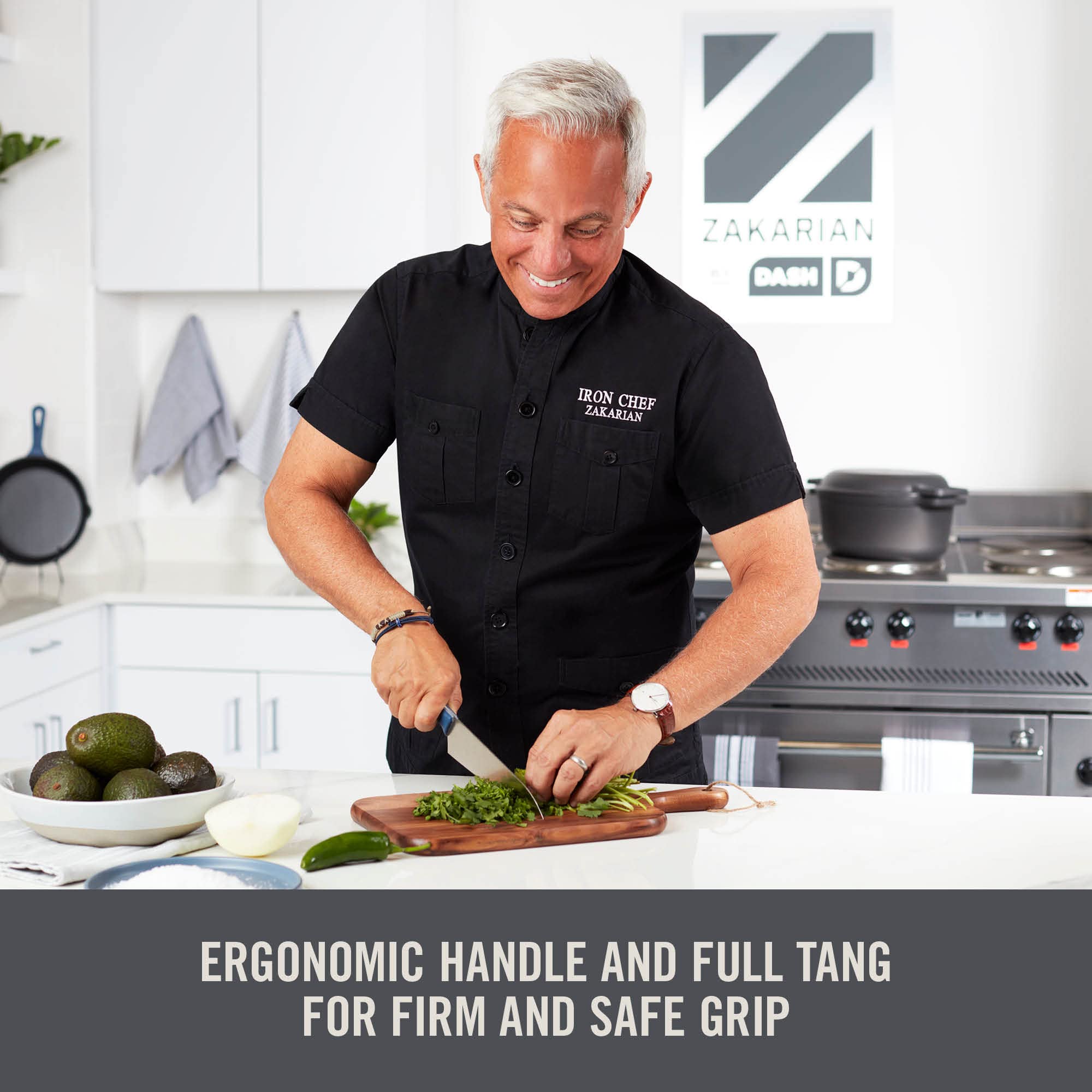 DASH Zakarian 7" Chef Knife, High Carbon German Stainless Steel Kitchen Knife with Sheath, Black