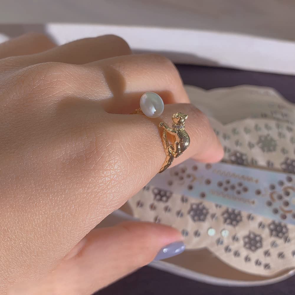 CCijiNG Christmas Pearl Ring for Women 14K Gold Plated Adjustable Open Wrap Ring Fashion Eternity Statement Jewelry for Christmas Gift(Cat Pearl)