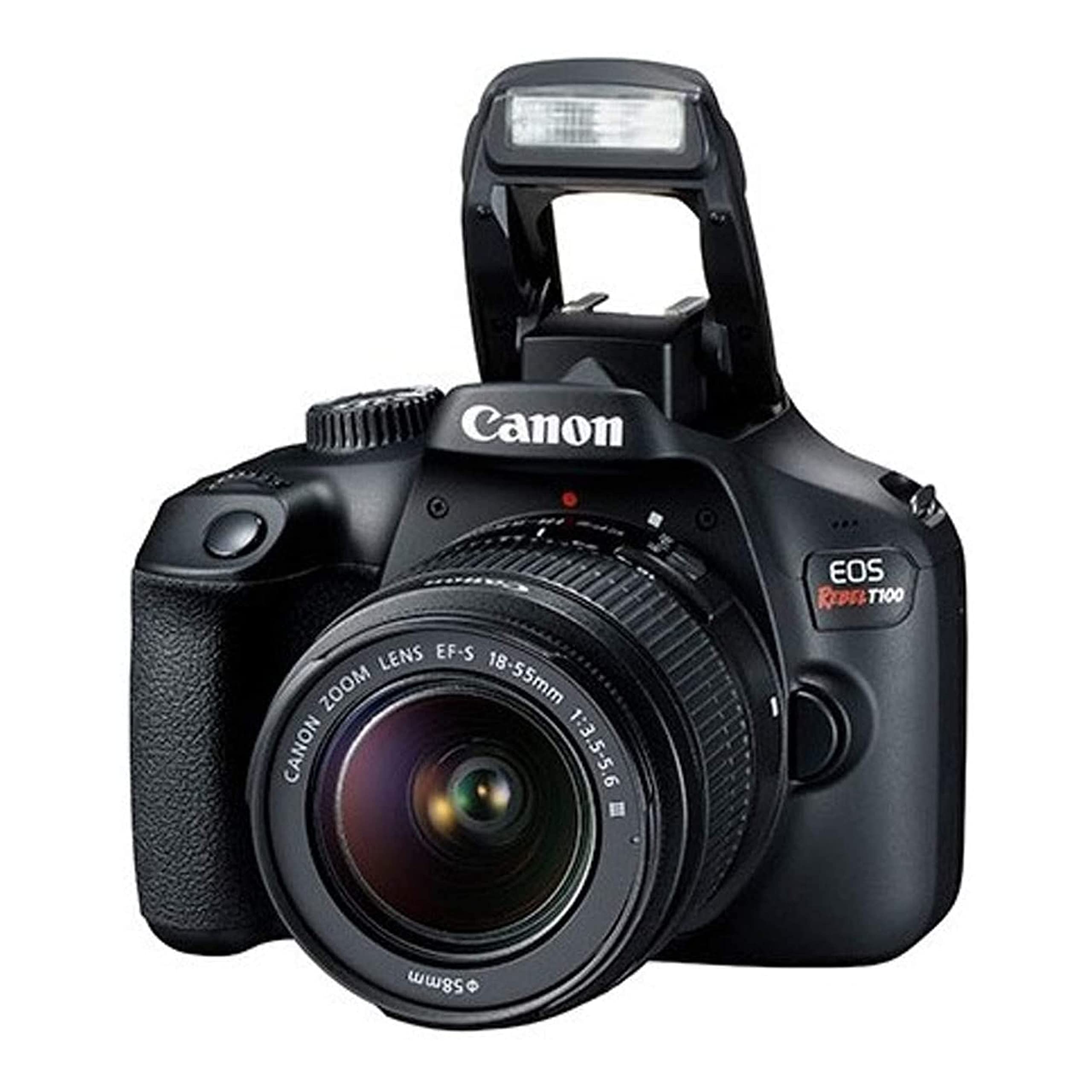 Canon EOS Rebel T100 DSLR Camera w/ 18-55mm F/3.5-5.6 Zoom Lens + Macro + Telephoto + More (18pc Bundle) (Renewed)