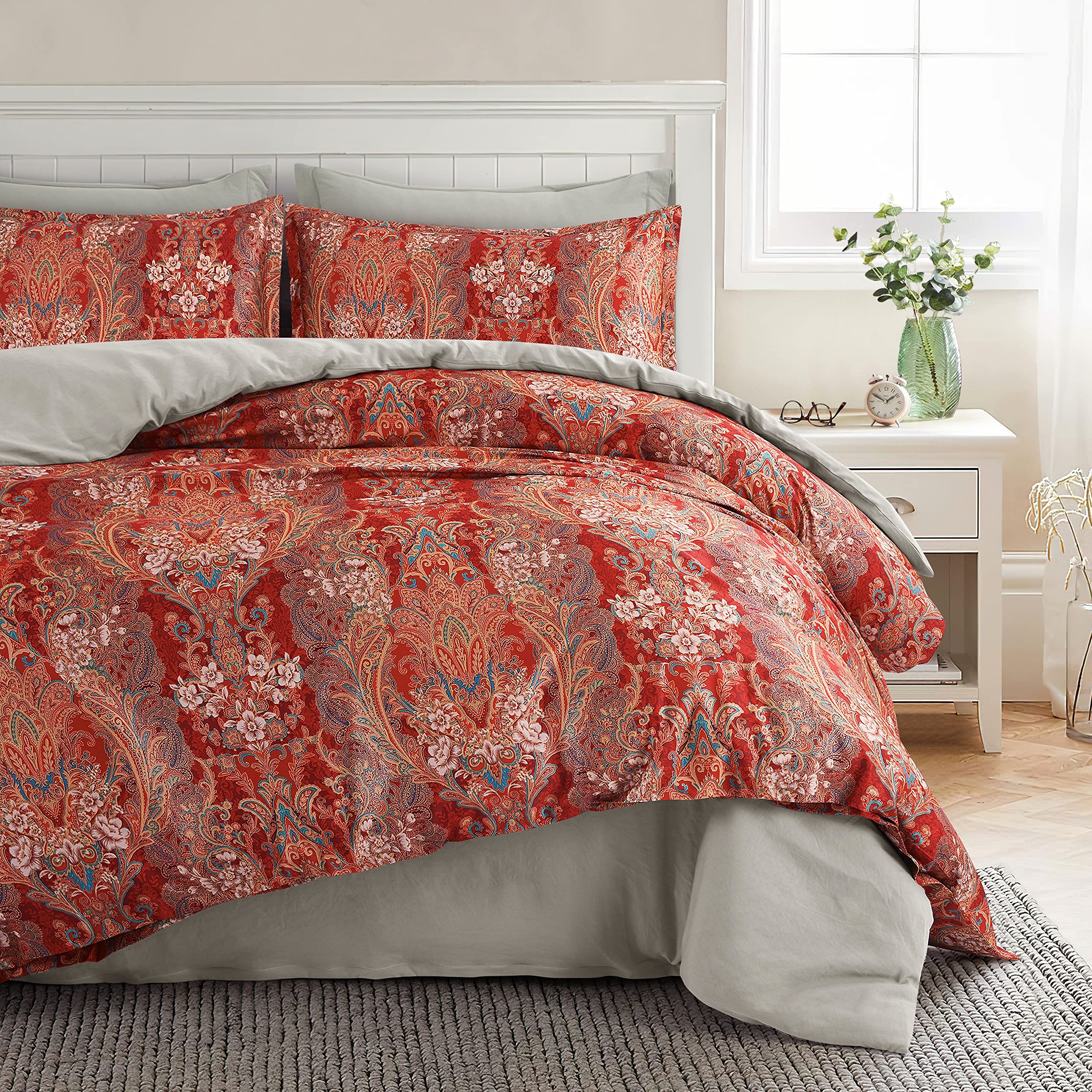 Eikei Boho Paisley Print Luxury Duvet Quilt Cover and Shams 3pc Bedding Set Bohemian Damask Medallion 350TC Egyptian Cotton Sateen (Gold Red, Queen)