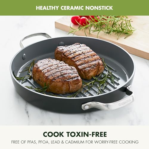 GreenPan Valencia Pro Hard Anodized Healthy Ceramic Nonstick 11" Grill Pan, PFAS-Free, Induction, Dishwasher Safe, Oven Safe, Gray