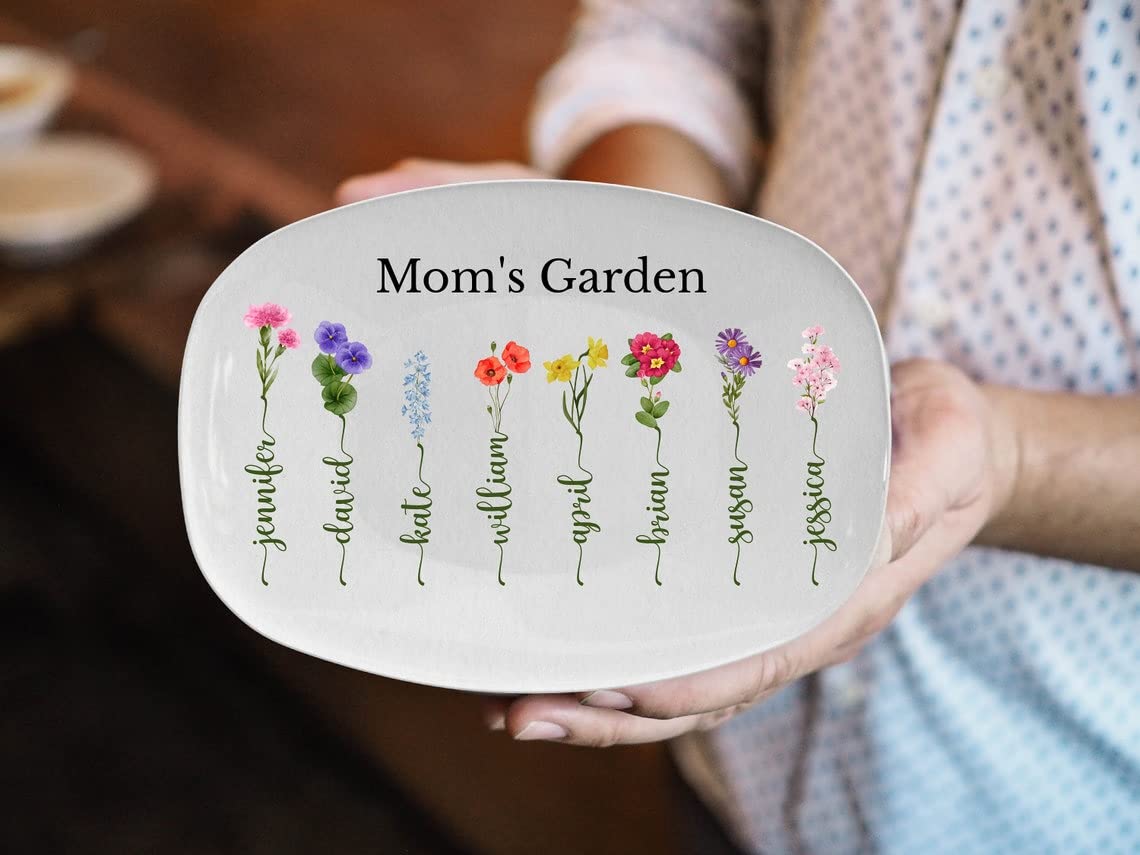 Custom Mom's Garden Personalized Gift for Mom Gift Mothers Day Birthday Present From kids Custom Birth Flower Platter Custom Platter Name Platter Serving Trays Serving Plates for Fish Dish Steak