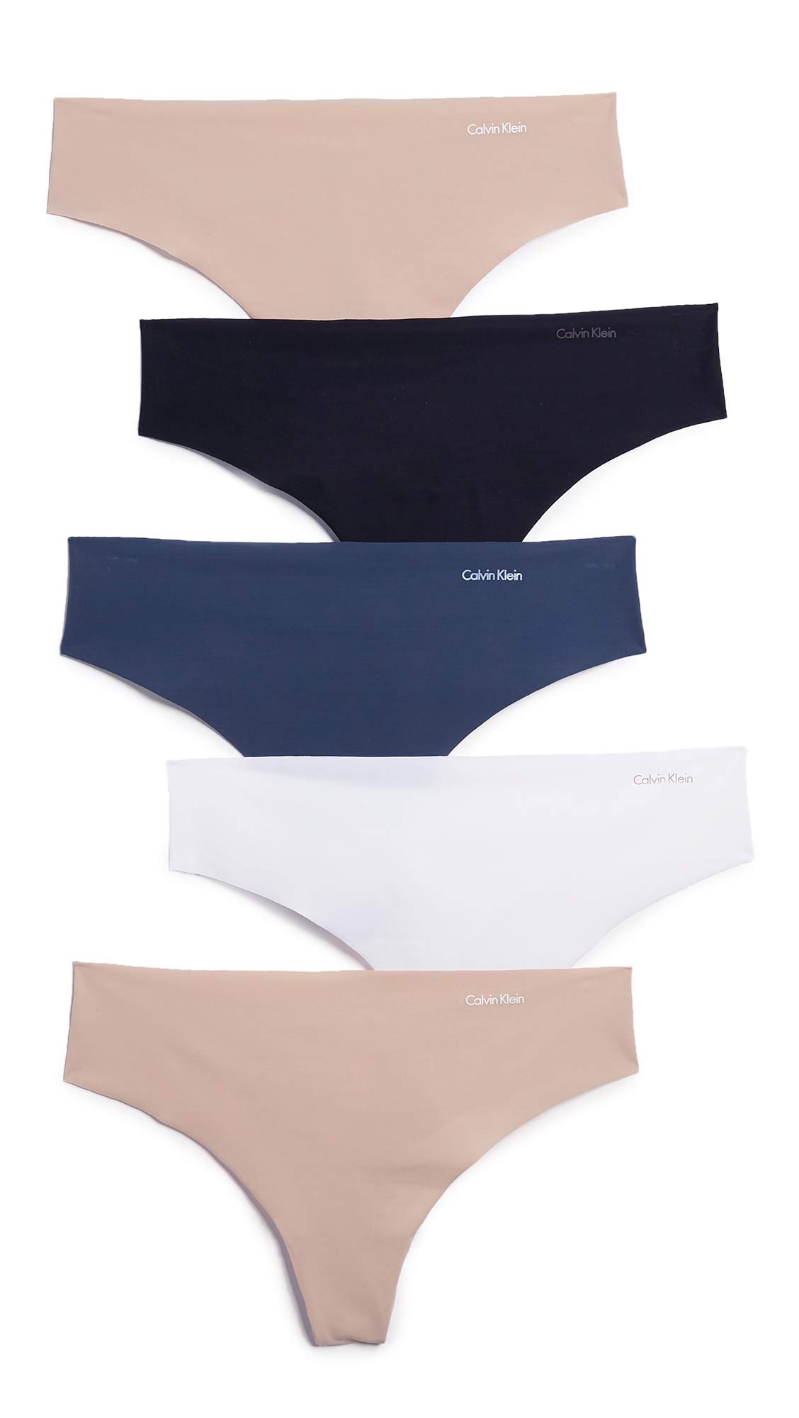 Calvin Klein Women's Invisibles Seamless Thong Panties, 5 Pack, Black/Speakeasy/White Light Caramel, Large