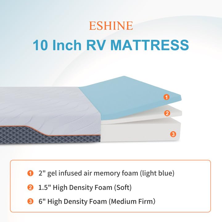ESHINE Short Queen RV Mattress - 10" Memory Foam RV Mattress, Shock-Absorbing and Pressure-Relieving, for RVs, Campers & Trailers