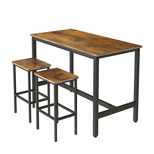 Lamerge 47.2" Bar Table Set,Pub Heigh Table with 2 Square Stools,Dining Table Set,Kitchen Counter with Bar Chairs,for Kitchen, Living Room/Sofaside,Small Space,Rustic Brown and Black