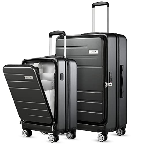 LUGGEX Black PC Luggage Sets 2 Pieces, 20 Inch Carry On Luggage with USB Port and 26 Inch Checked Suitcase with Front Opening, Only 26" Expandable