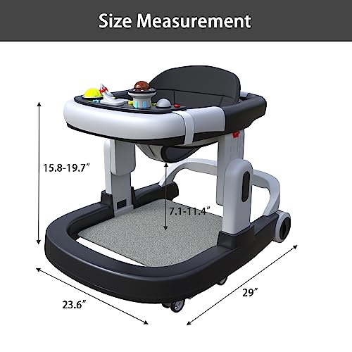 Marzviyia 4-in-1 Baby Walker with Wheels, Foldable Baby Push Walker with Adjustable Height & Speed, Standing Activity Center with Music & Lights,Silent Grey