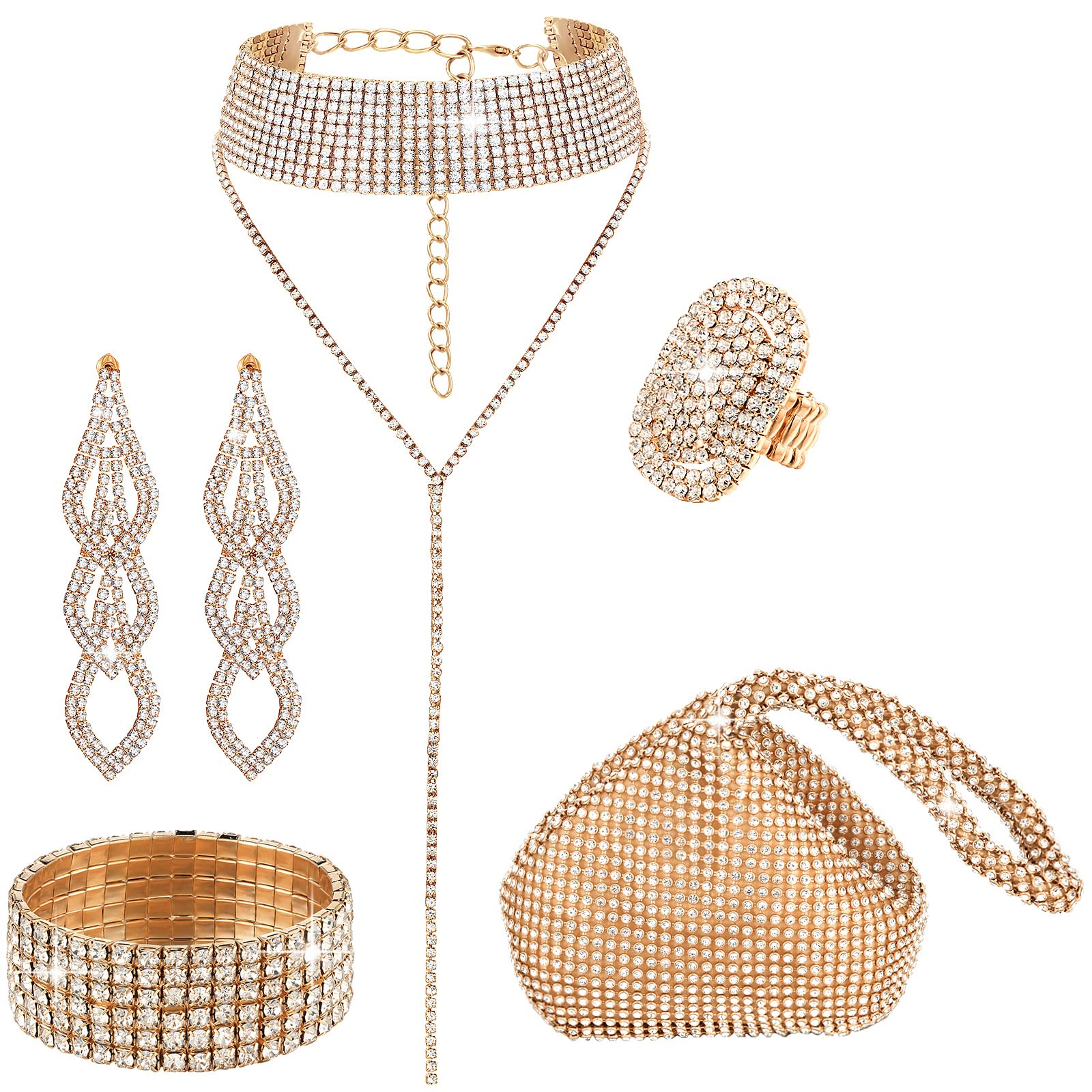 Women Rhinestone Jewelry Set Crystal Choker and Earring Set Bridal Wedding Bling Necklace Multilayer Bracelet Earring Bling Glitter Purse Ring Costume Jewelry (Gold Color)