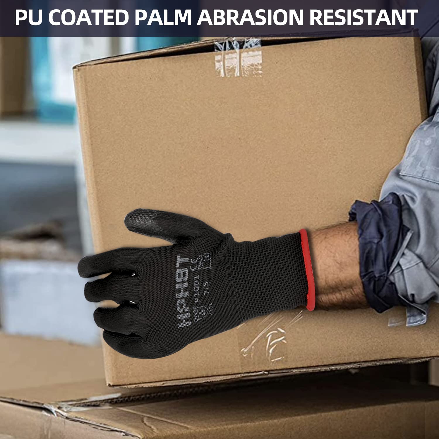 HPHST PU Coated Safety Work Gloves, 12 Pairs Work Gloves Mechanic Working Seamless Knit Glove for Men Women with Polyurethane Coated Smooth Excellent Grip on Palm&Fingers - Black (Large)
