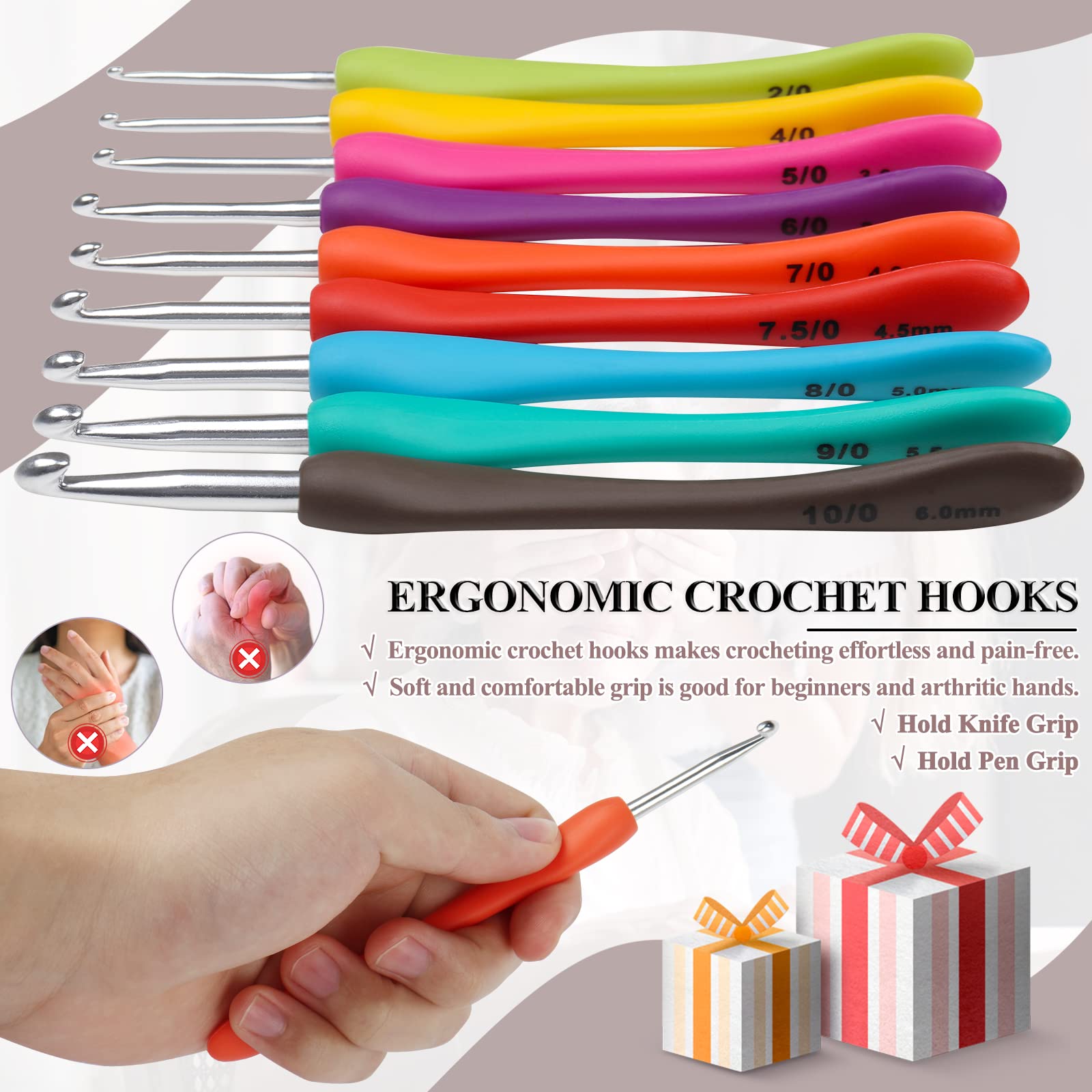 Coopay Crochet Hooks Ergonomic Soft Grip Dual-streamlined Handle Crochet Hook Set for Arthritic Hands, 9PCS Aluminum Crochet Needles for Crochet Yarn, Crochet Kit Beginners Knitting Crochet Supplies