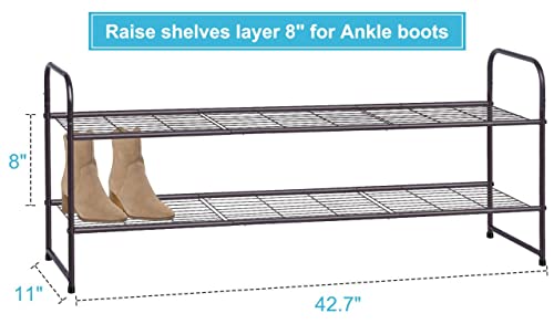 SLEEPING LAMB 2 Tier Metal Long Shoe Rack for Closet, Stackable Wide Shoe Storage Organizer 18-Pairs Low Shoe Shelf for Entryway, Bedroom, Wire Grid, Bronze