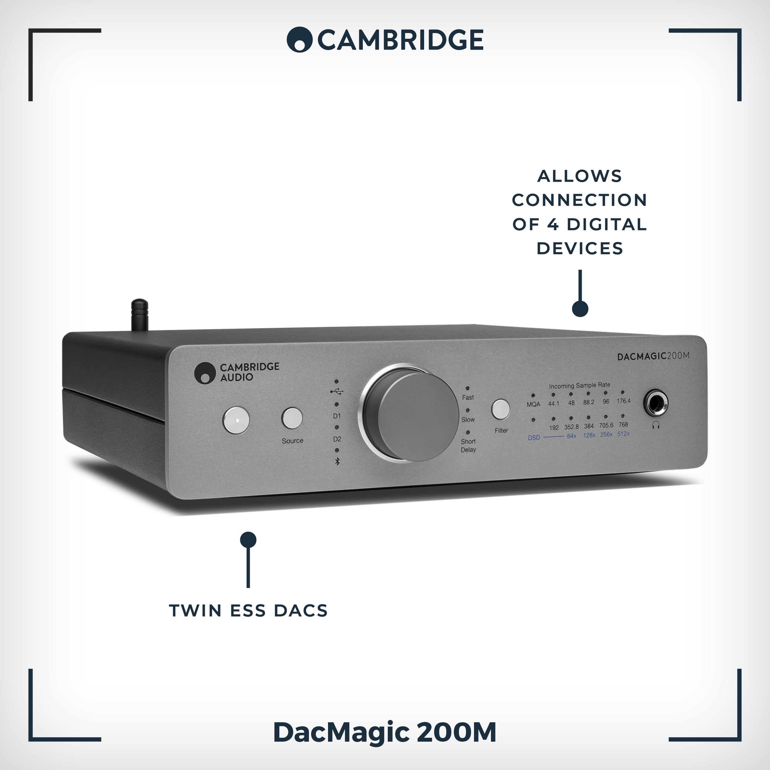 Cambridge Audio DacMagic 200M - MQA HiFi DAC and Headphone Amplifier with Bluetooth - PC/MAC Support with USB Connection - Handle Digital Files up to 24/768 or DSD512 - Lunar Grey