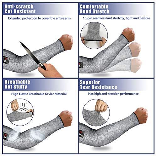 Evridwear 1 Pr/Pack Cut Resistant Sleeves for Arm Work Protection Safety in EN388 Level 5, Anti-Puncture Choice With or Without Thumb Hole. 1 pair/pkg. 4 sizes (Large, No Thumb Hole)