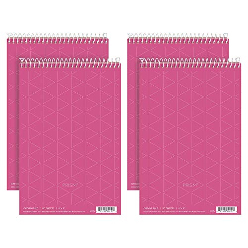 TOPS Prism Steno Books, 6" x 9", Gregg Rule, Pink Paper, Perforated, 80 Sheets, 4 Pack (80254)