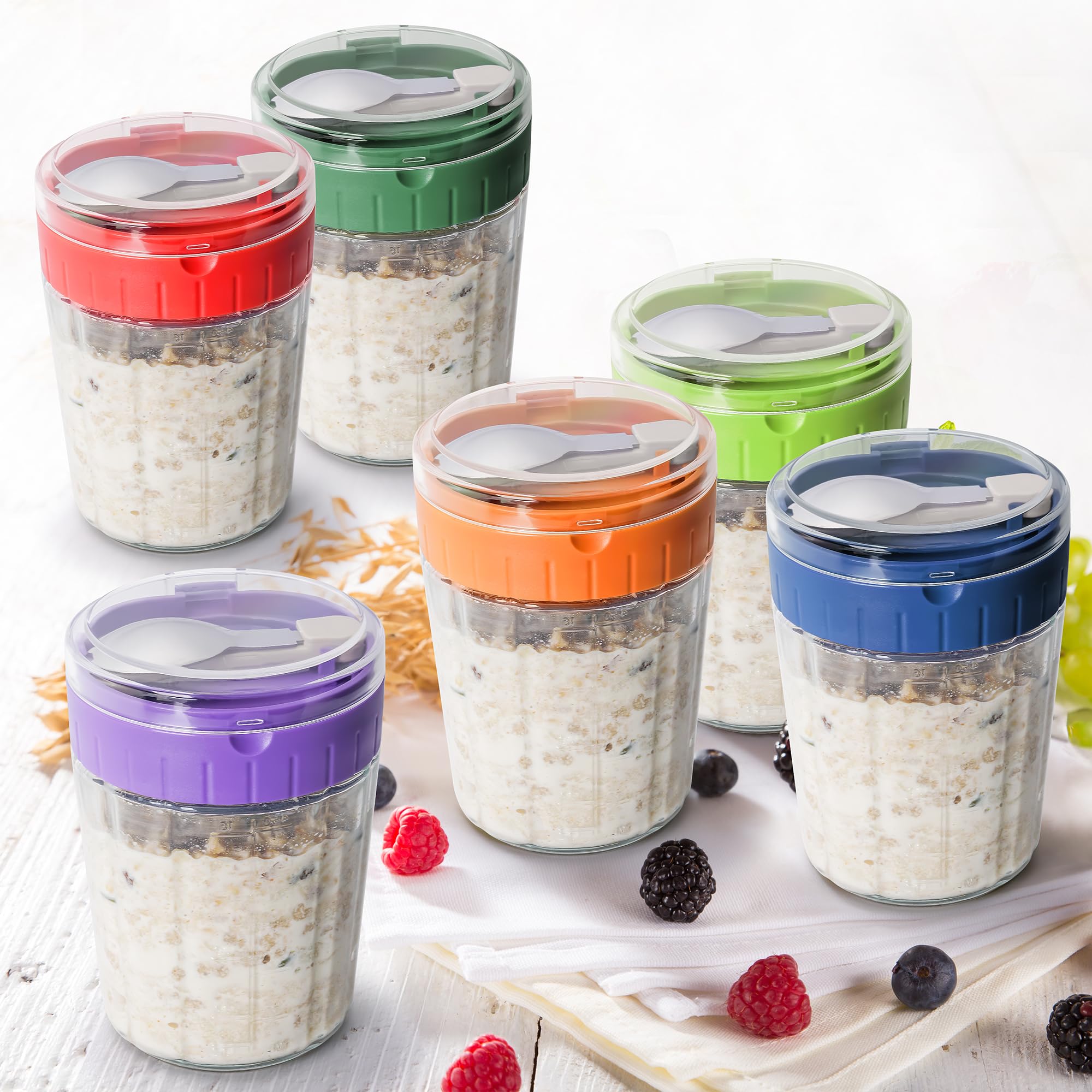 EONJOE Overnight Oats Containers with Lid and Spoon - 16oz Glass Mason Jars for Meal Prep, Yogurt,Pudding- Set of 6
