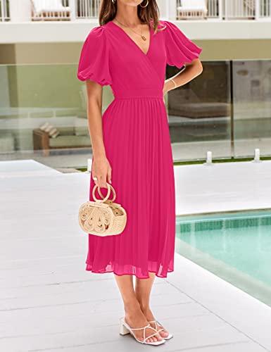 MEROKEETY Summer Dress for Women 2023 Wrap V Neck Bubble Sleeve Pleated Party Midi Dresses,HotPink,S
