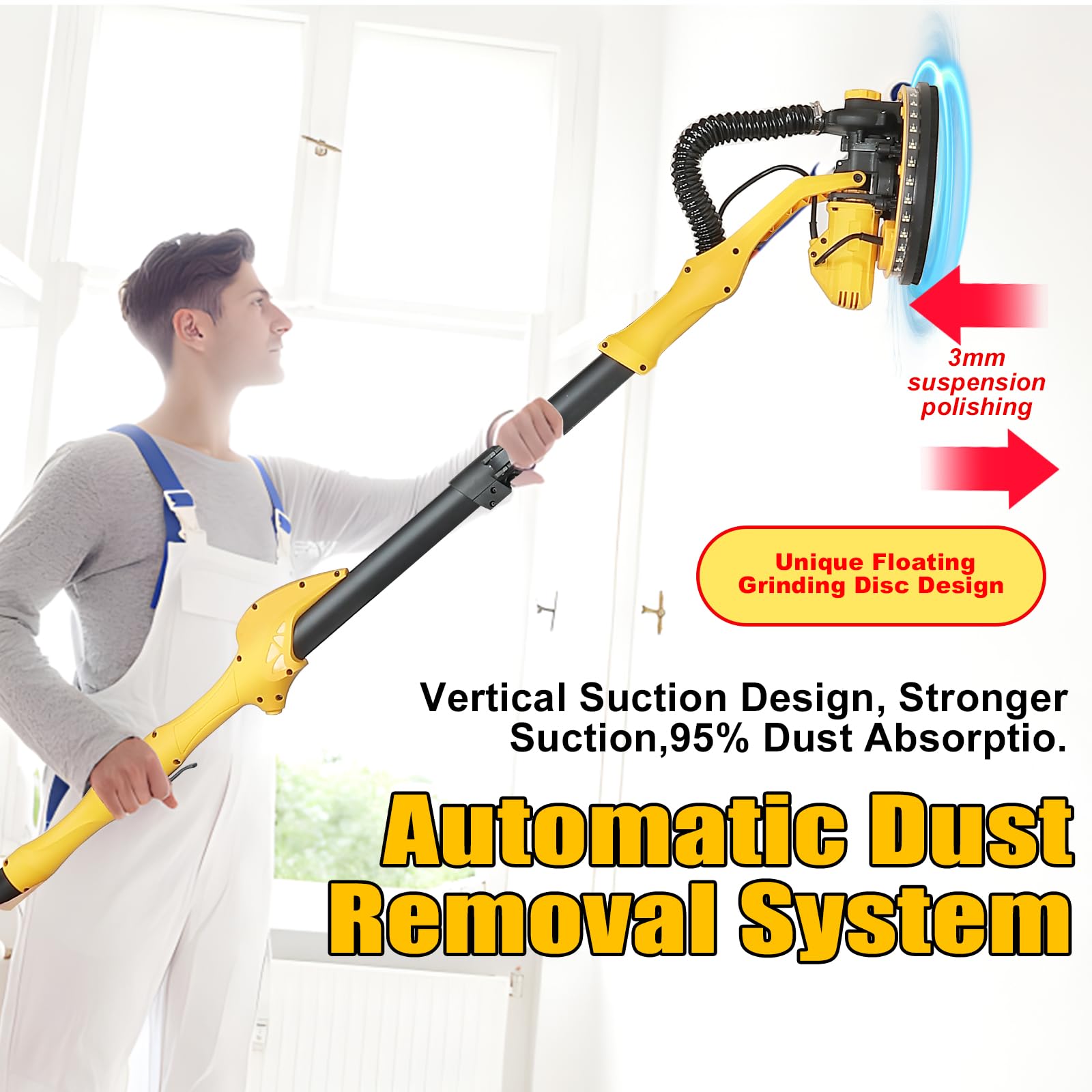 Drywall Sander,950W Electric Drywall Sander with Vacuum, Popcorn Ceiling Removal Tool with Variable Speed 800-2100RPM,Floor Sander with Foldable Handle, 16 Sanding Discs,Pure-Copper Motor (Yellow)