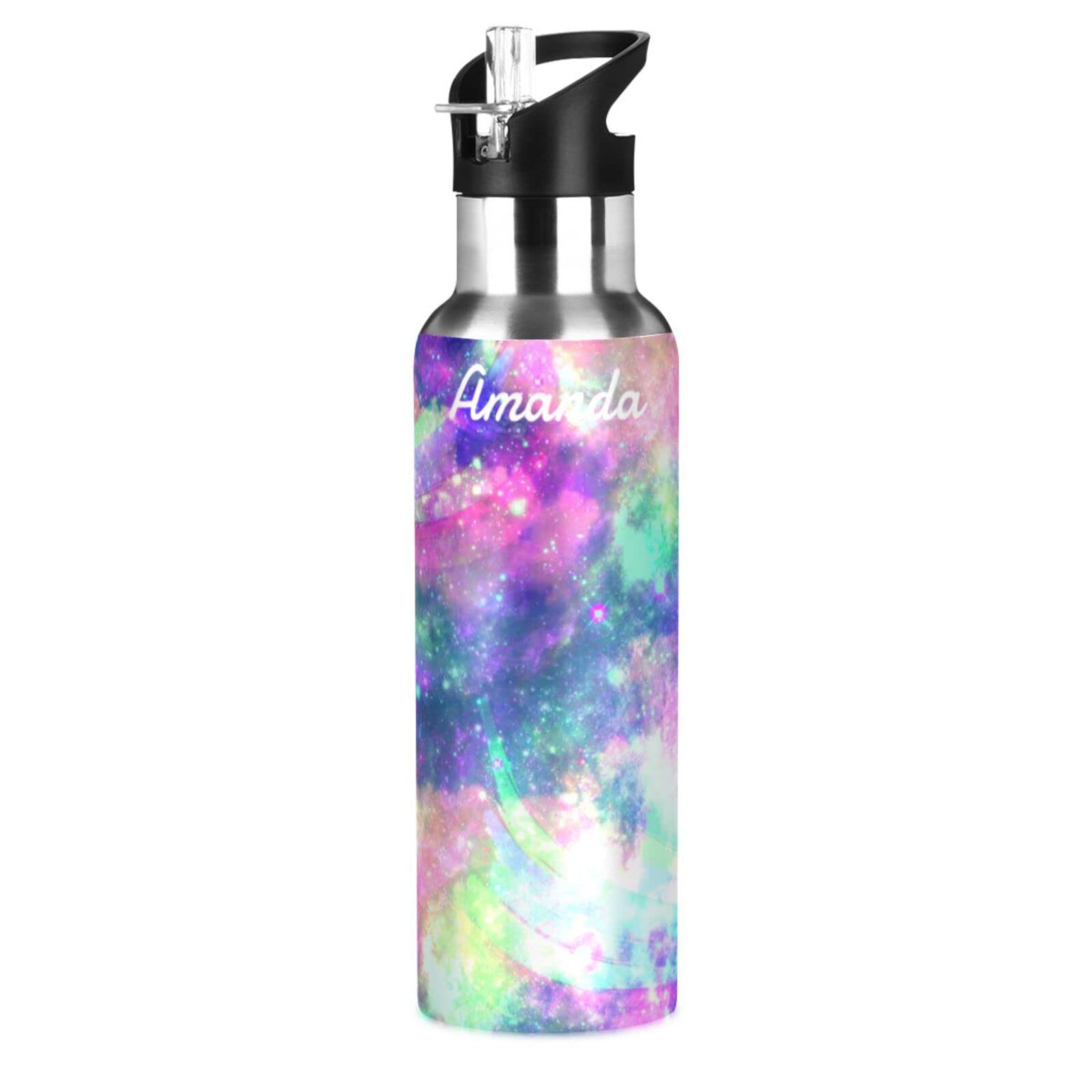 Custom Rainbow Galaxy Water Bottle Kids Thermos Personalized Name Logo Bottle Insulated Stainless Steel Water Flask Jug Straw Lid Jug for Sports Gym Outdoor 20 oz