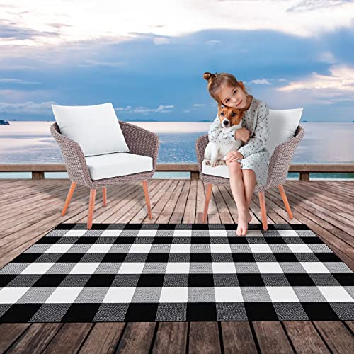 LulusVente Buffalo Plaid Outdoor Rug – 3’x5’ Machine Washable 3.5lbs Hotel Grade Thick Woven Yarn Black White Plaid Checkered Farmhouse Cotton for Indoor/Outdoor Front Porch Runner Layered Doormat