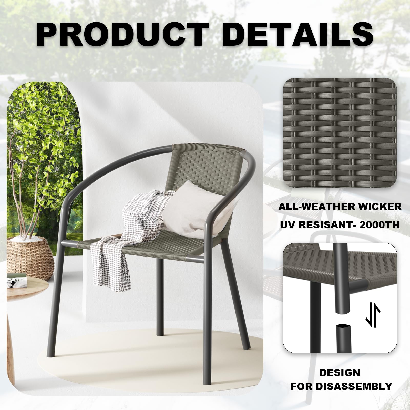 GREZJXC Modern Teslin Outdoor,Indoor Bedroom Restaurant Dining Chairs, Stackable Rattan Chairs for Patio or Drawing Room, Set of 4,Grey