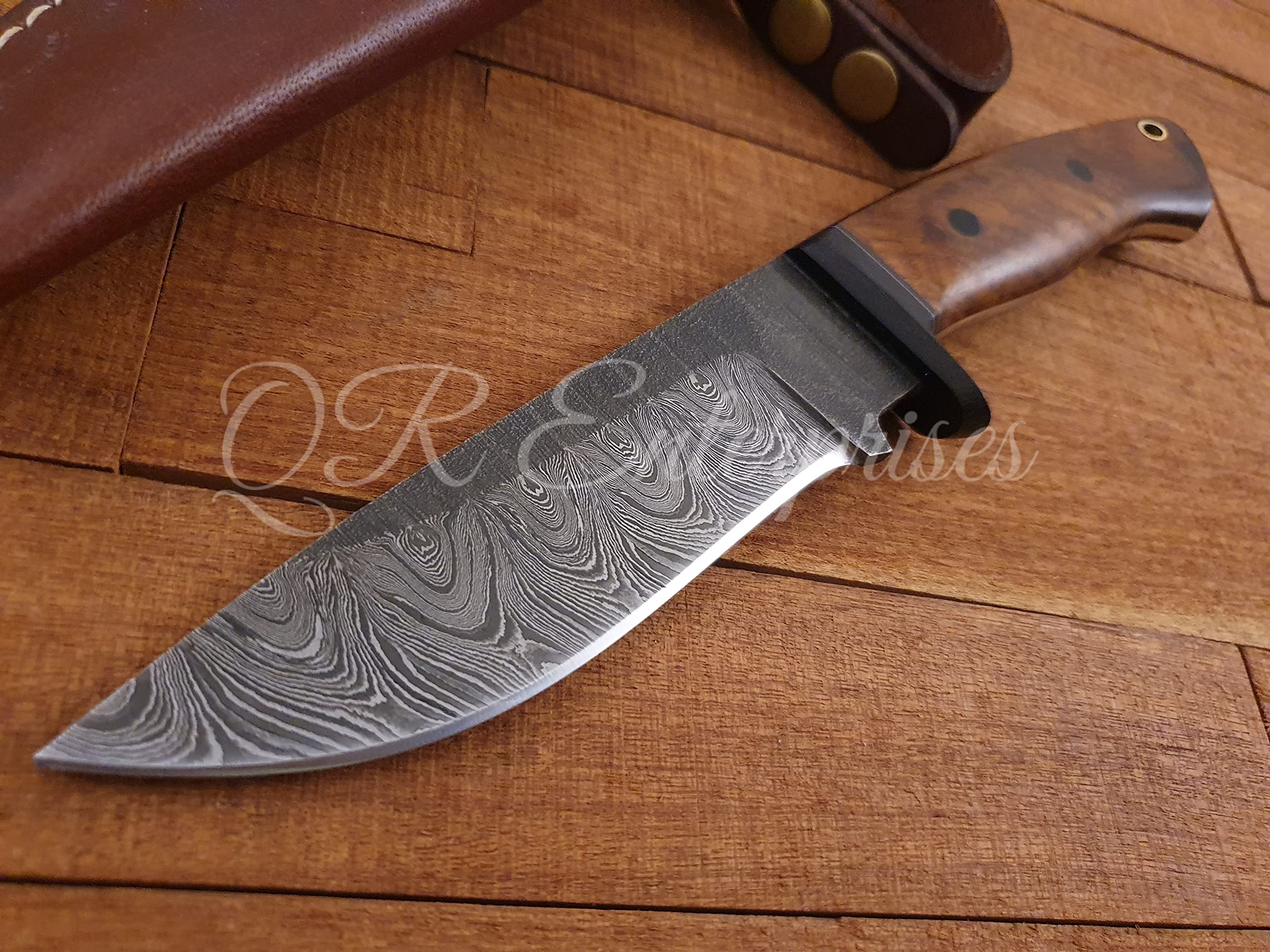 Classic Blades Damascus Steel Fixed Blade Hunting knife, Bushcraft, Bowie, Survival, Outdoor, Camping, Wooden Handle knife With leather Sheath.