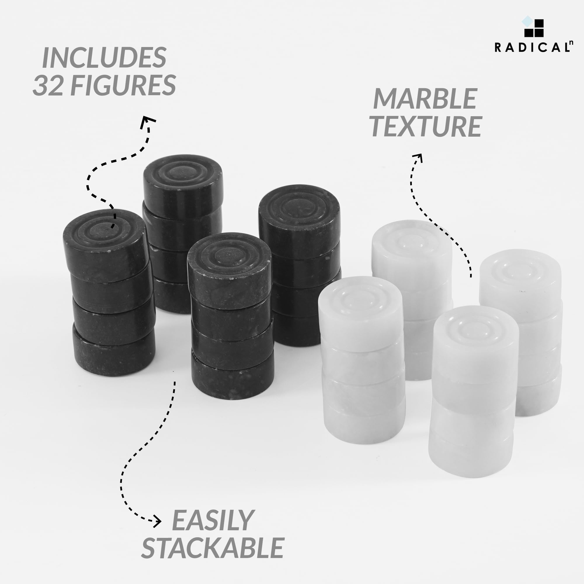 Radicaln Marble Checkers Board Game 15 Inches Black and White Handmade 2 Player Tournament Checker Set - Portable Table Draughts Board Games Sets