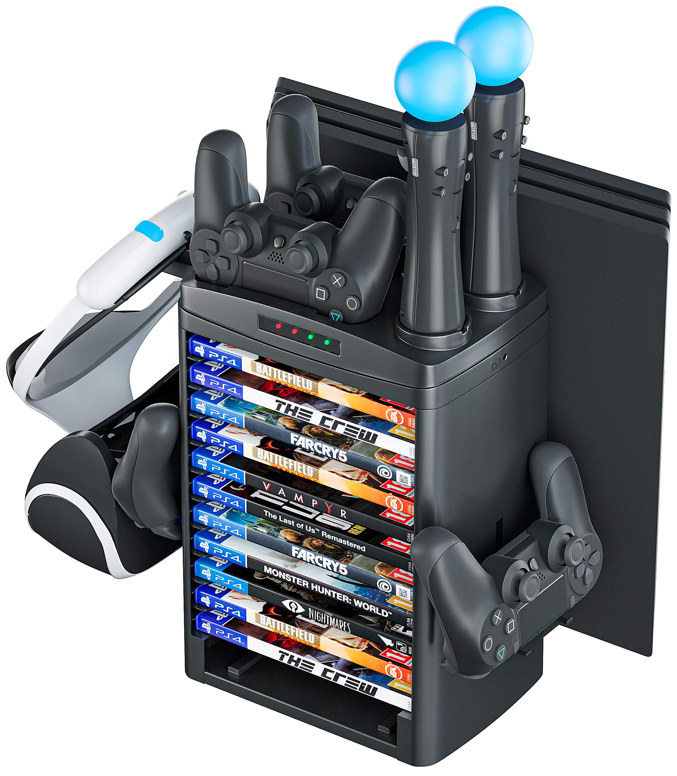 Skywin- Charging Station Compatible with PS4 VR Headset, PSVR Charging Station Stand with Game Disc Rack, Headset and Console Stand, Cooling Fan, Controller Charger and USB Hub - Multipurpose VR Stand