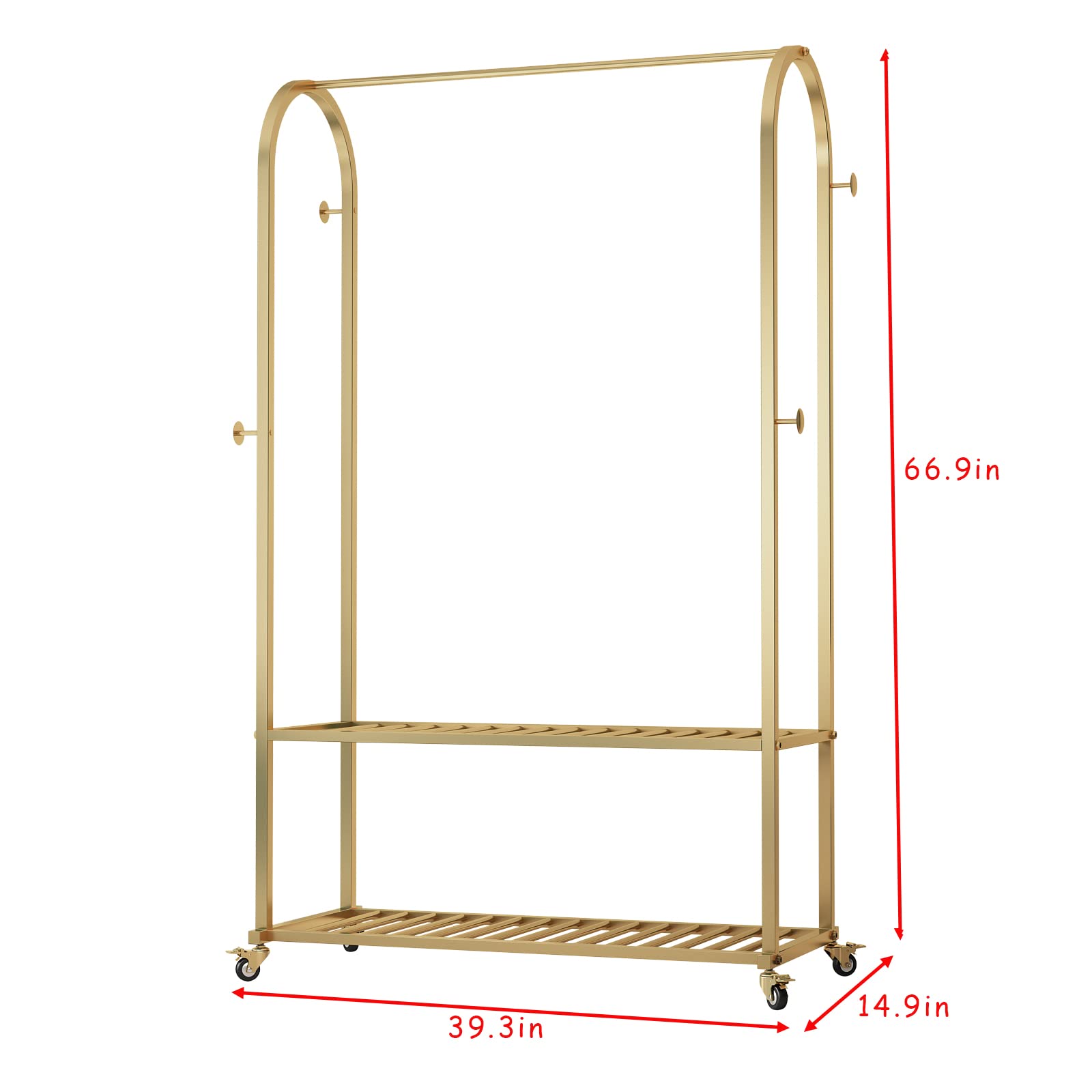 Gold Clothing Rack on Wheels Modern Display Rack with 2-tier Shelf Metal Hanging Rack Gold Clothes Rack for Boutique, Retail or Home (gold)