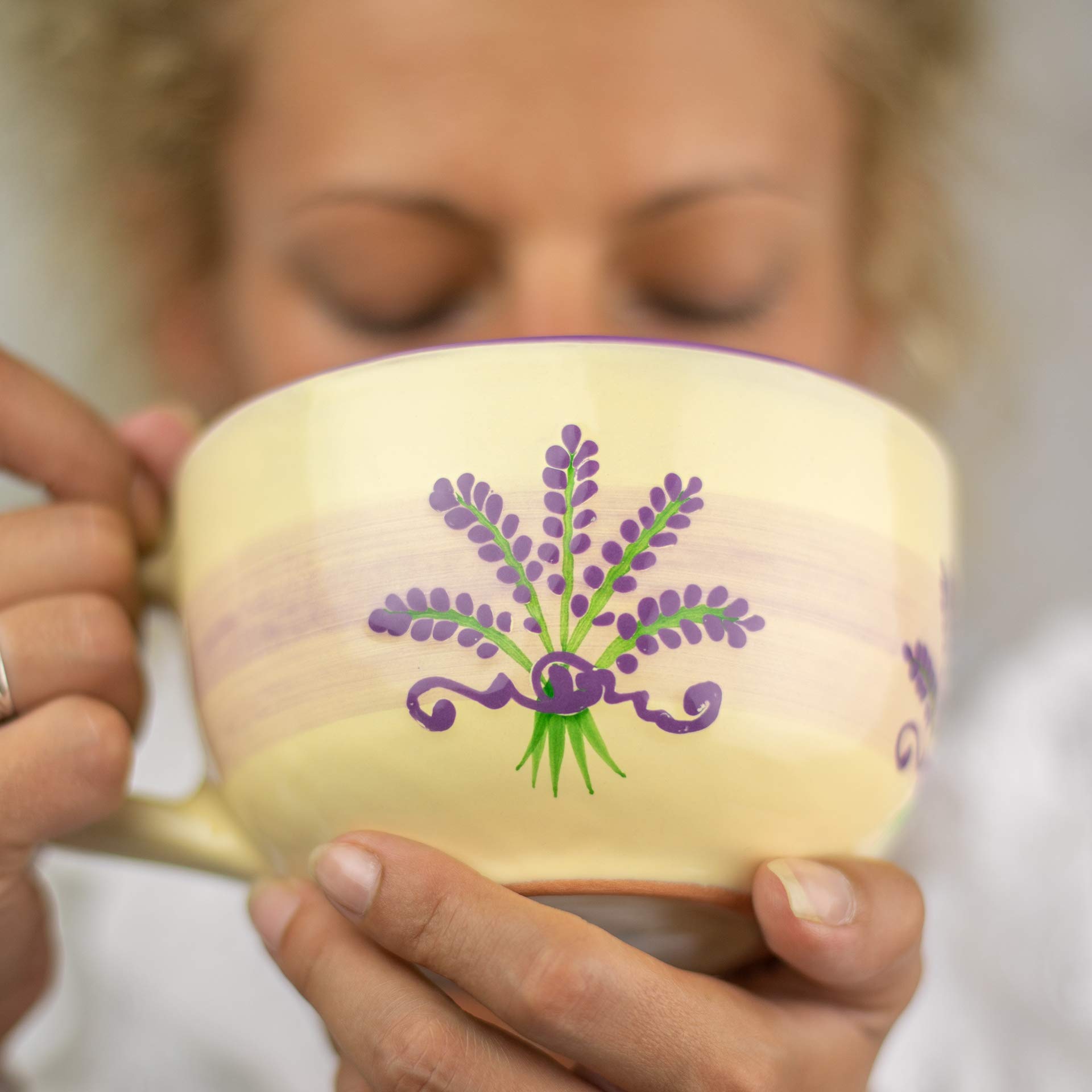 City to Cottage Handmade Ceramic Designer Lavender Floral Purple and Cream Cup, Unique Extra Large 17.5oz/500ml Pottery Cappuccino, Coffee, Tea, Soup Mug | Housewarming Gift for Tea Lovers