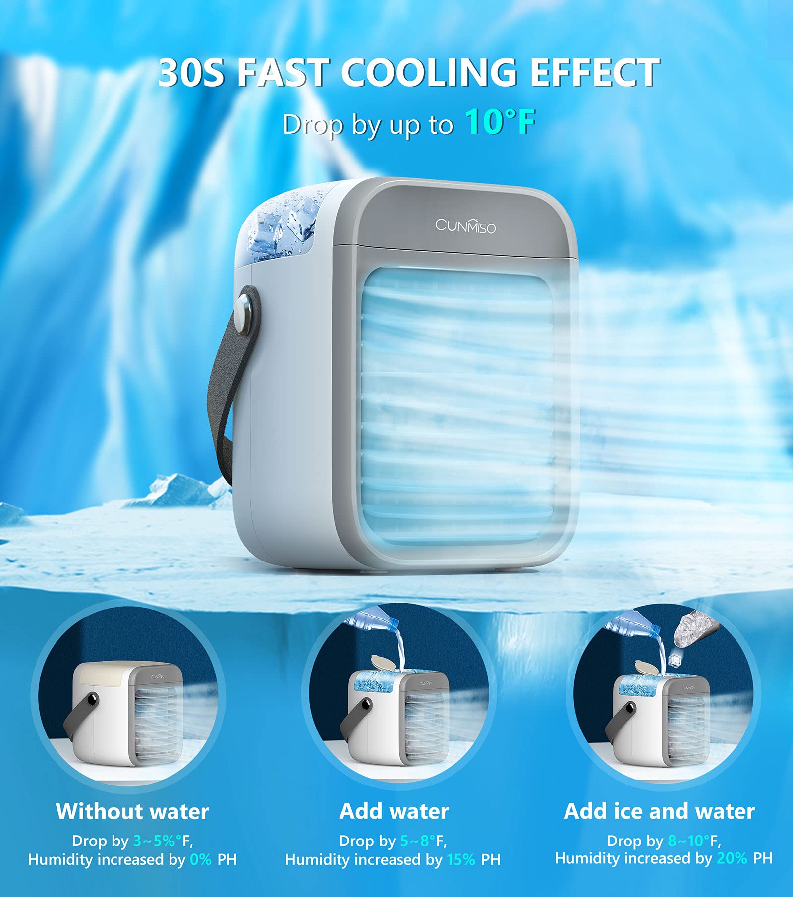 Portable Air Conditioners, Anti-Leak Personal Mini Air Conditioner Fan, Rechargeable USB Evaporative Air Cooler With 3-Speed Mode LED Light,Quiet Desktop Cooler for small Room Office Camping Car