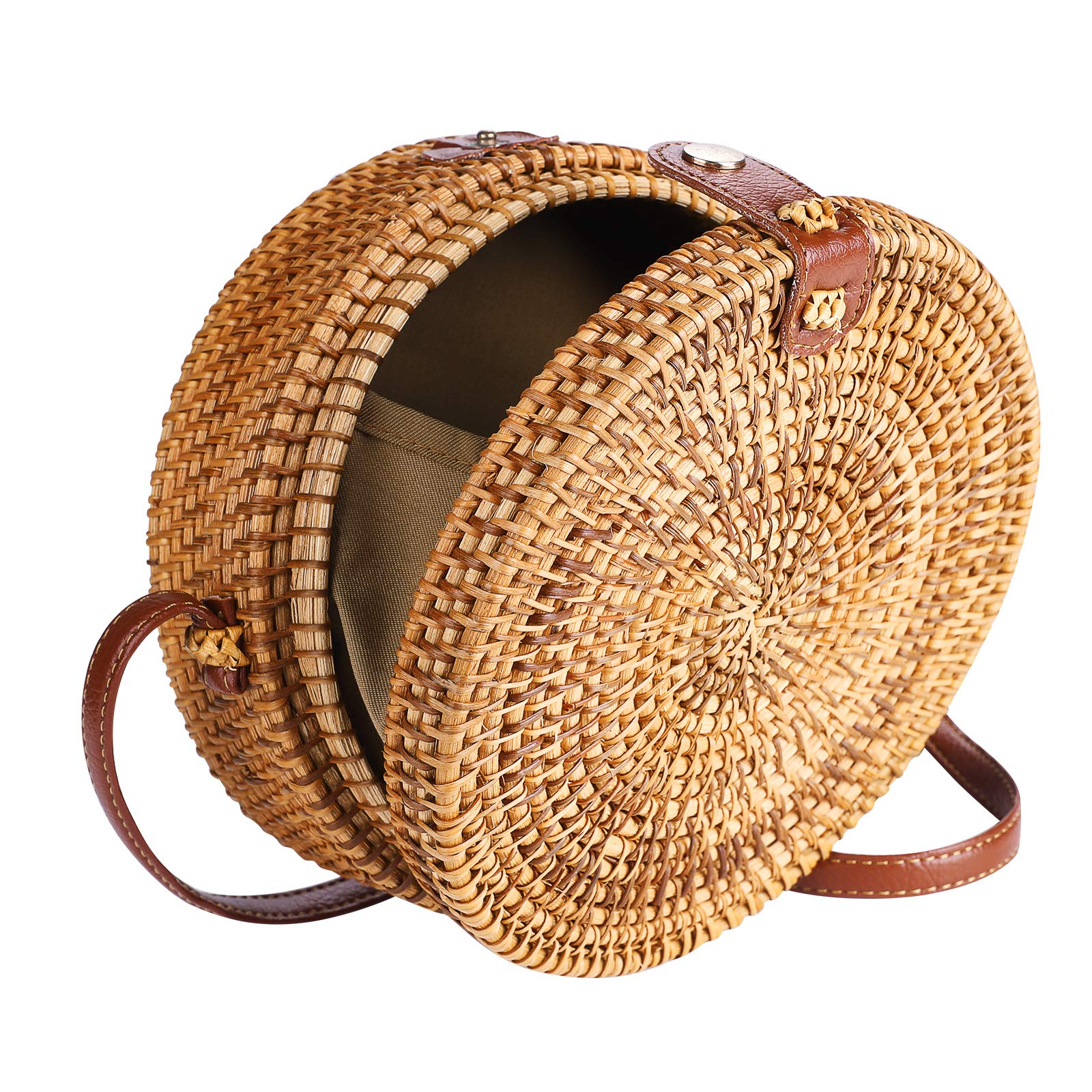 Round Rattan Bag for Women Straw Bag Handwoven Beach Bohemian Shoulder Purse by Enmain