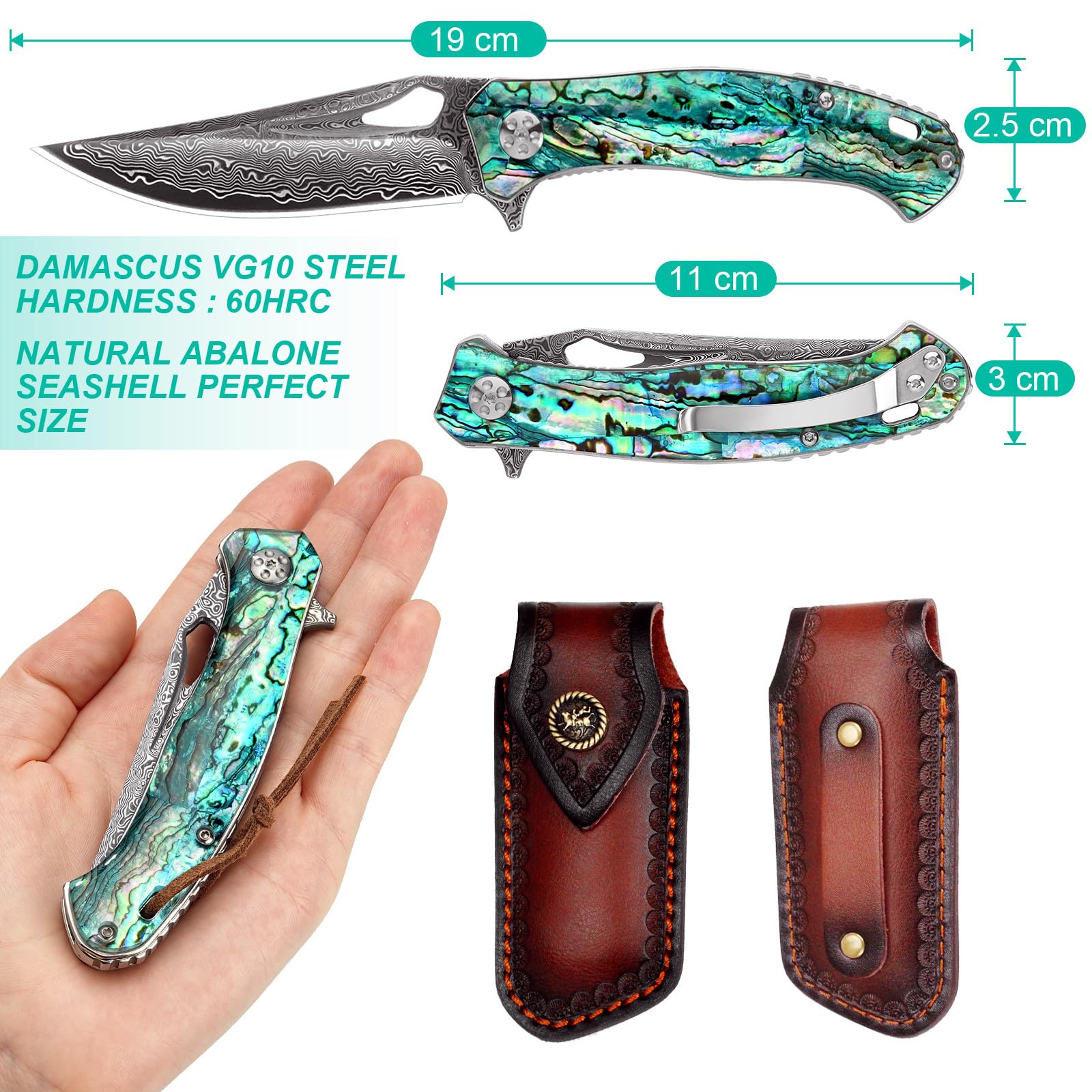 Benkey VG10 Damascus Abalone Seashells Pocket Knife and VG10 Damascus Camping Pocket Knife Bundles