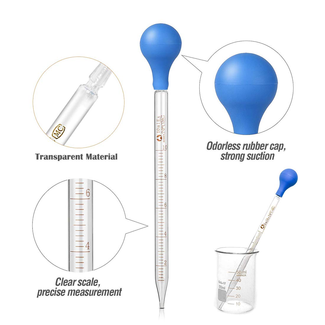 Glass Pipettes, ZEEROQOLAB 6pcs Glass Graduated Lab Pipettes 0.5ml,1ml,2ml,3ml,5ml,10ml, with 2pcs Glass Graduated Cylinder 5ml, 10ml, 2pcs Droppers Brush and 2pcs Glass Stir Sticks